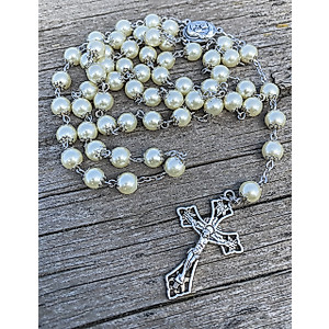 Nazareth Store Pearl Cream Beads Rosary Necklace Holy Soil Medal and Cross Catholic Rosaries for Women, Men