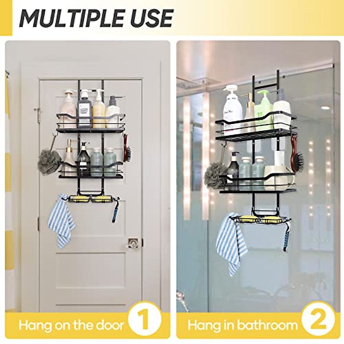 Over the Door Shower Caddy, Hanging Shower Organizer for Bathroom, Shower Storage Rack Shelf with Hooks & Screw Adhesives & Soap Holder, 3 Tier Bathroom Shower Basket, Rustproof No Drilling - Black