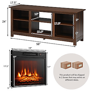 Tangkula Fireplace TV Stand for TVs up to 65 Inches, with 18 Inches 1400W 5,000 BTU Electric Fireplace Insert, Adjustable Flame Brightness & Heat, Timer and Remote Control (Walnut)
