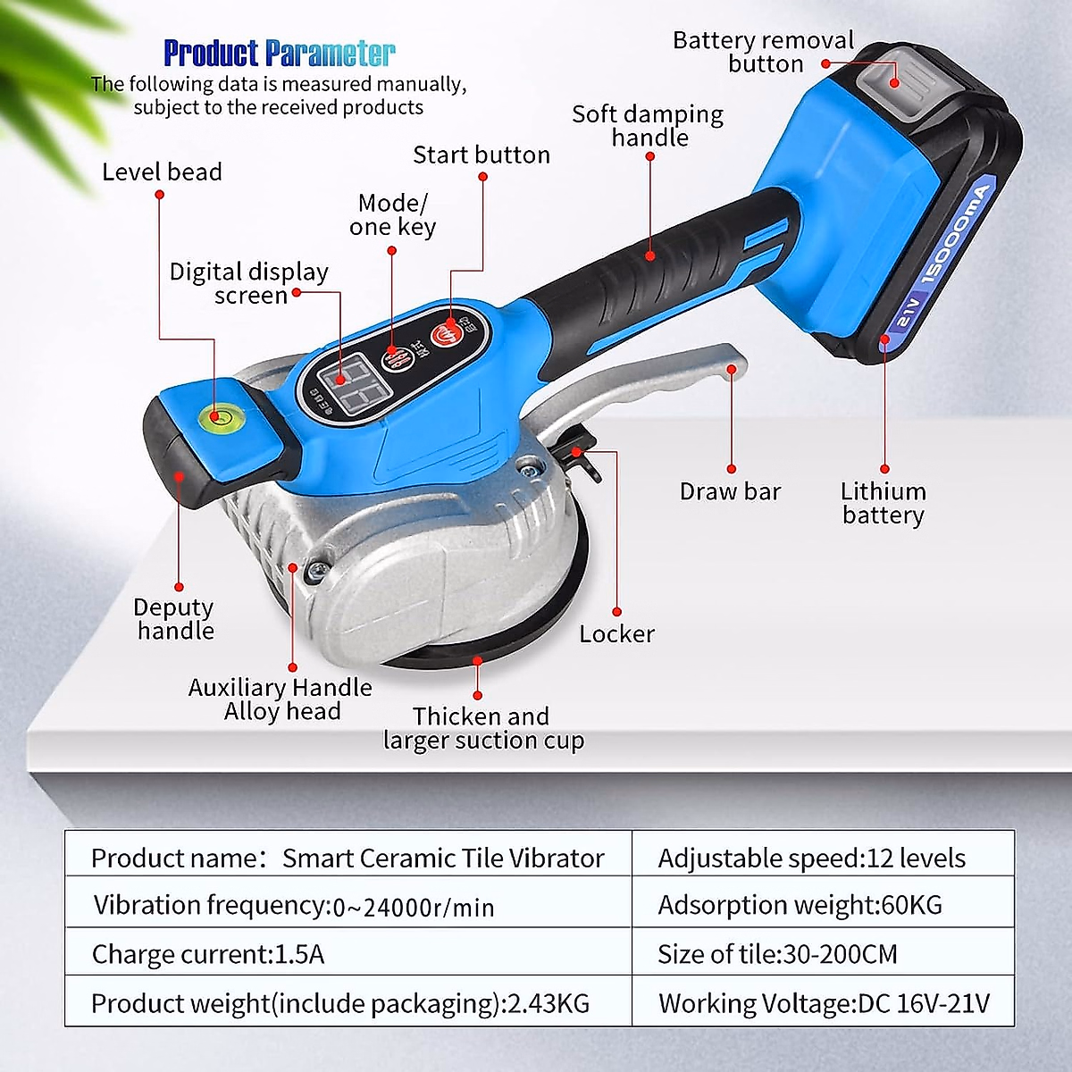 Tile Vibration Machine for Installation Tool - Tiling Vibrator Handheld,Tiling Suction Cup for Leveling Handheld Vibrator 12-Speed Adjustable 21V 15000 mAh 24000r/min