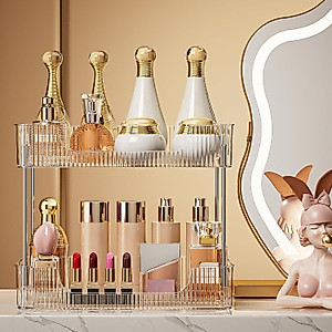 KSDSOAM 2 Tiers Bathroom Countertop Organizer, Cosmetics Skincare Organizer Holder for Perfume, Bathroom Organizers and Storage for Dresser Vanity Tray Sink (Clear)