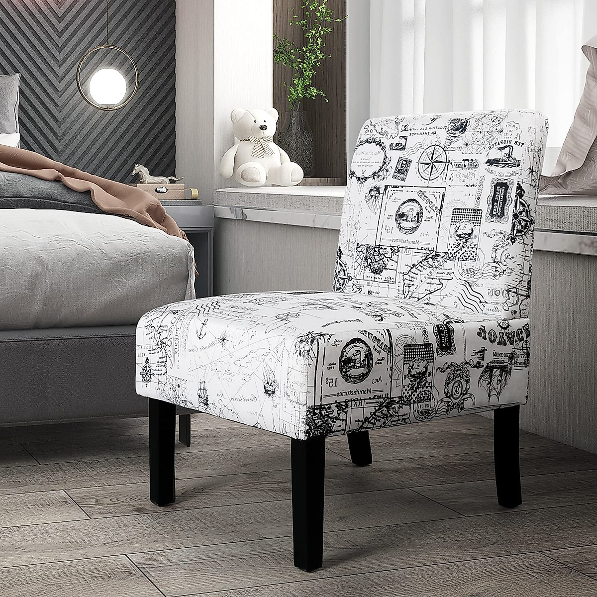 STHOUYN Modern Fabric Print Armless Accent Chair Decorative Corner Side Slipper Vanity Chair for Bedroom Desk, Living Room Furniture Map Design White