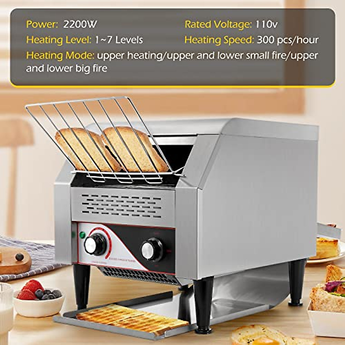 Dyna-Living Commercial Toaster 300 Slices/Hour Stainless Steel Restaurant Toaster Conveyor 2200W Heavy Duty Industrial Conveyor Toasters Bagel Toaster Conveyor Belt Toasters for Restaurant or Bakery