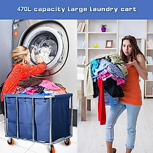 OEBYZWSL Commercial Laundry Cart with Wheels, 400L Large Capacity Heavy Duty Stainless Laundry Basket,Laundry Sorter for Clothes Storage,330 lbs Load (Blue)