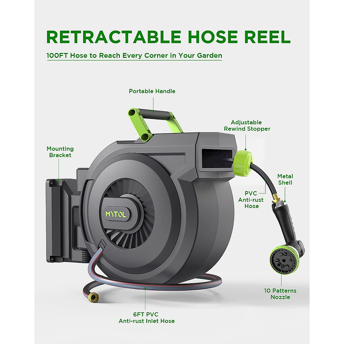 MYTOL Retractable Garden Hose Reel, 1/2 Inch x 100 ft + 6 ft Wall Mount Hose Reel with Automatic Slow Rewind System, Any Length Lock, 10 Patterns Hose Nozzle, 180°Swivel Bracket, for Garden Watering