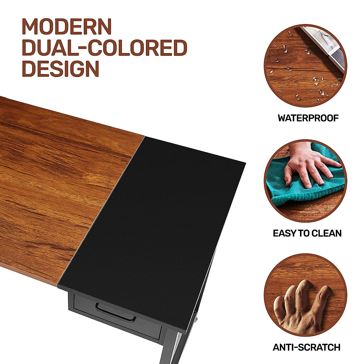 QooWare Home Office Computer Desk, 47" Study Writing Desk Dual-Colored Modern Simple Wooden PC Desk with Storage Drawer, Supports Up to 132 lbs (Espresso & Black)