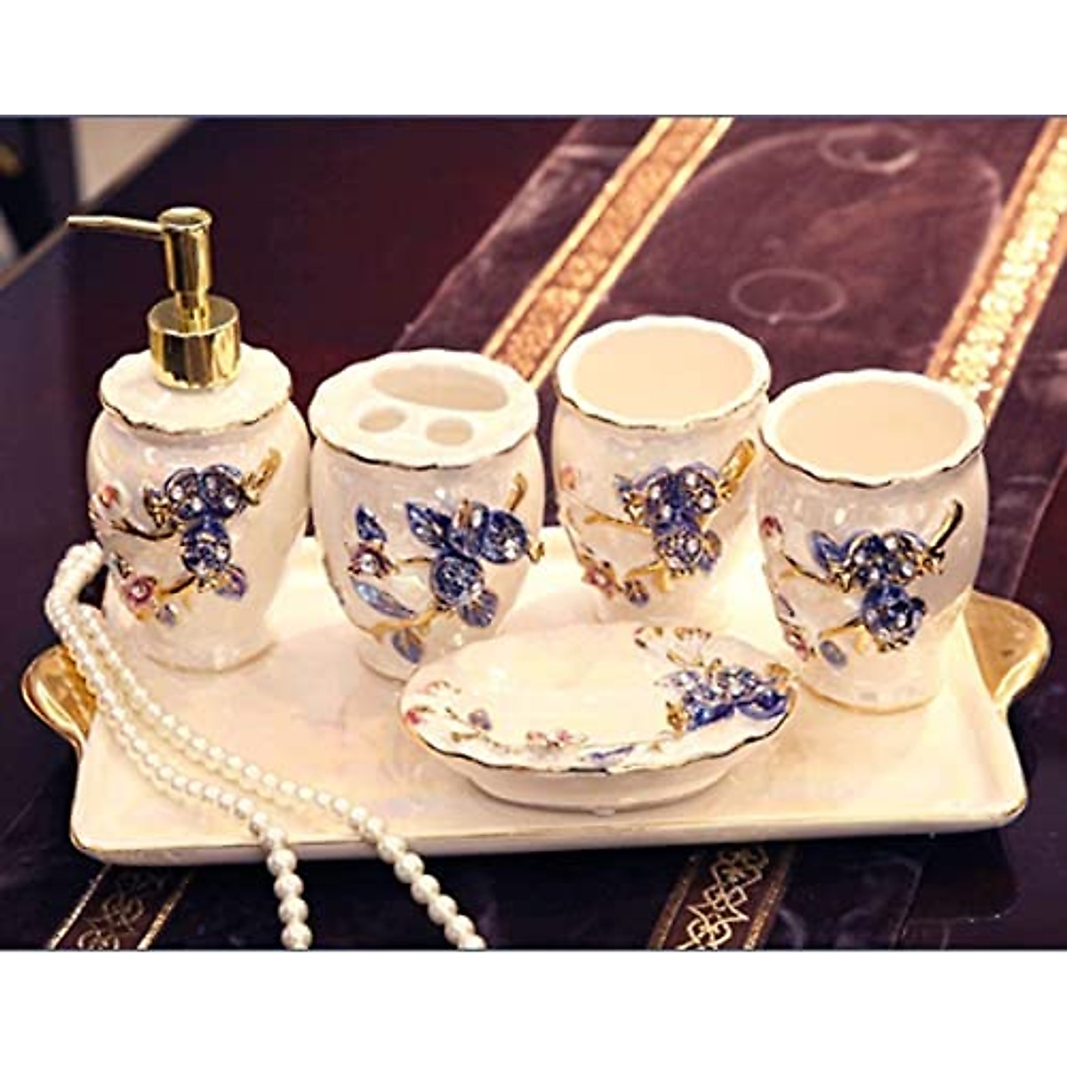 Ceramic Bathroom Five-Piece Set, Three-red Pomegranate Drill Dental Ware, Mouth Cup, Bathroom Washing Set (Color : Blue)