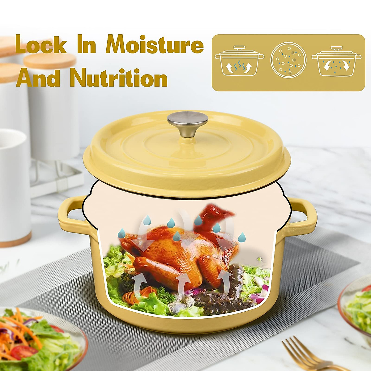 Dutch Oven Yellow,Enameled Cast Iron Dutch Oven with Lid, 4 Quart Round Nonstick Enamel Cookware Crock Pot,Dutch Oven with Dual Handle and Cover Casserole Dish 8.66 Inch