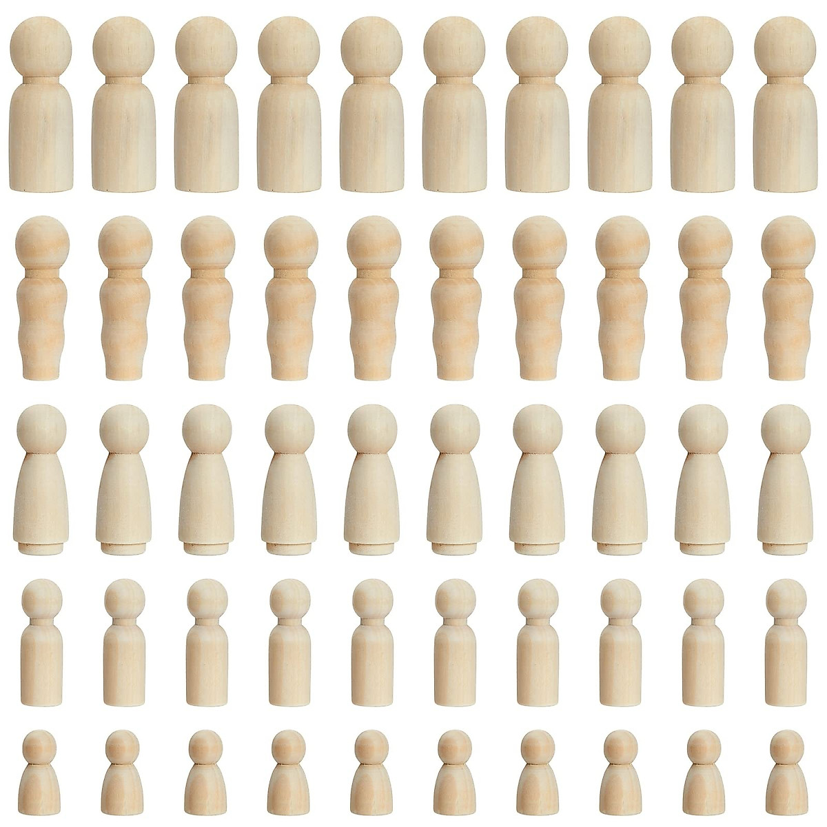 Juvale Set of 50 Unfinished Wood Peg Dolls Family, Wooden People for Crafts, Dollhouse Figures (5 Sizes)