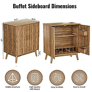 MIERES Buffet Sideboard Bar Cabinet, Industrial Wine Cabinet with Wine Rack and Glasses Holder, Freestanding Storage Cabinet with Double Doors for Kitchen, Dining Room, Living Room (Light Brown)