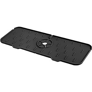 Silicone Sink Splash Guard with Dish Soap Sponge Holder, Bathroom Faucet Water Catcher Mat, Absorbent Drain Drying Pad, Mat Self Draining Drip Catcher, Black, 14.6 x 5.5 x 4.3, (J-BLACK)