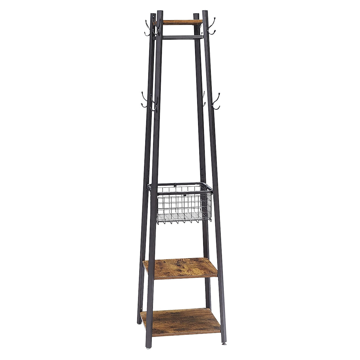 VECELO Coat Rack Freestanding, Entryway Clothes Stand with Metal Basket and 2 Shelves, Upgrade Hall Trees with 8 Dual Hooks for Bags, Hats, and Umbrellas, Industrial Styles, Vintage Brown+ Black