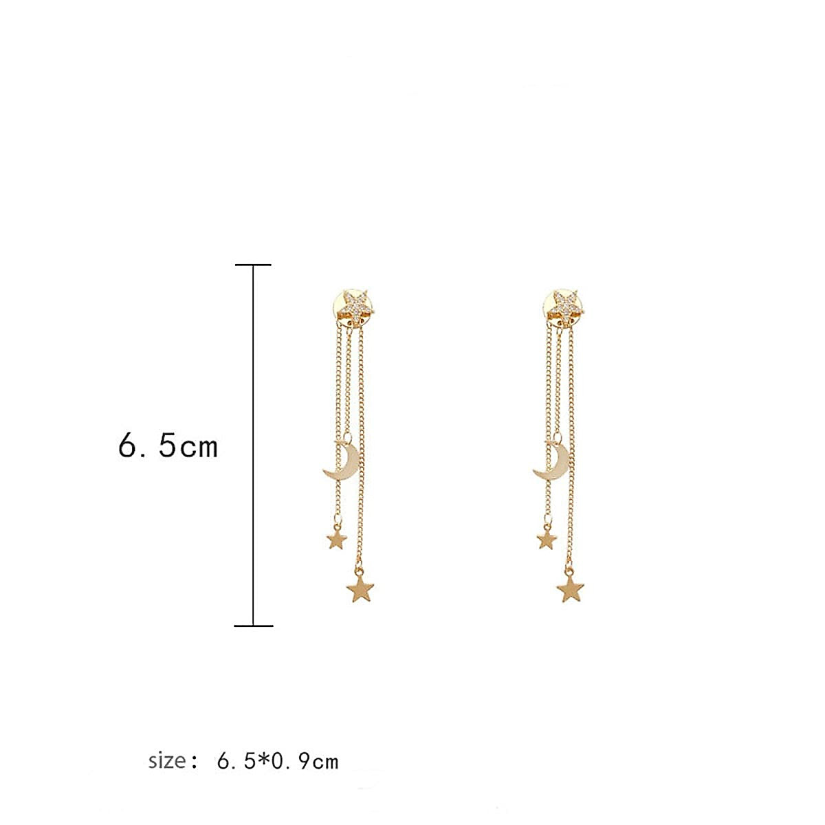 Asymmetrical Star Moon Tassel Drop Dangle Earrings for Women Dainty Long Lucky Star Crescent Planet Chain Tassel Earrings (Gold:A)