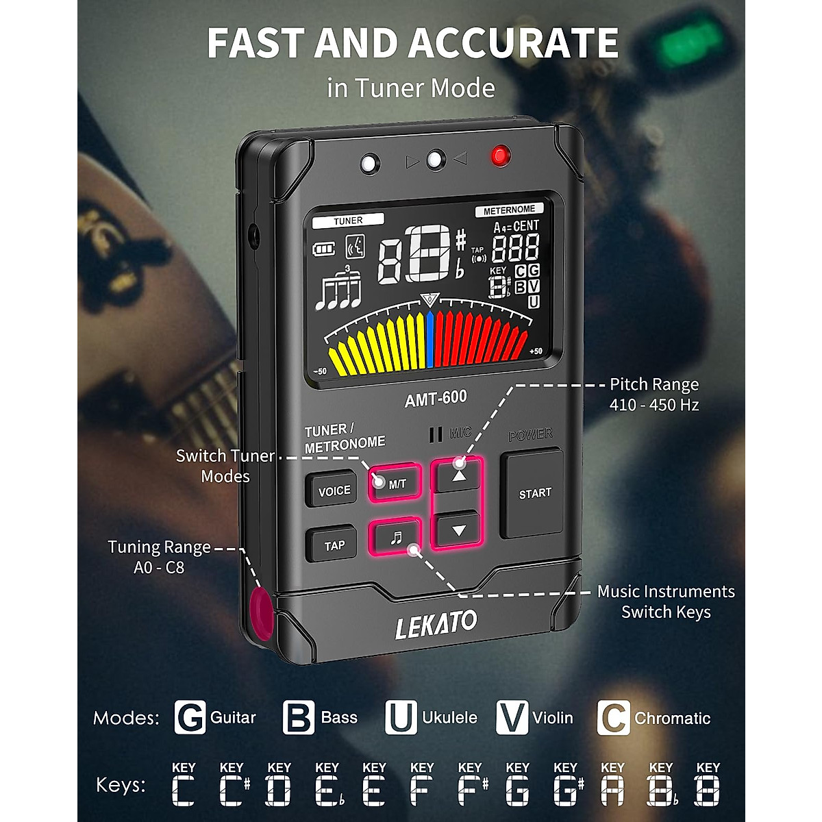 LEKATO Metronome Tuner, Rechargeable 3 In 1 Digital Metronome with TAP Tempo, Woman Vocal Counts, Tuner Tone Generator for Guitar Bass Violin Ukulele Chromatic for All Instruments