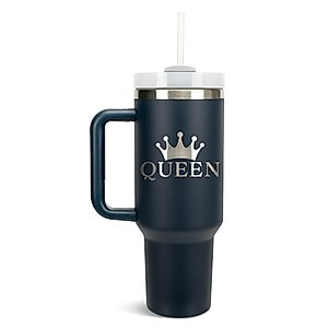 100 North Queen Royal Crown Wrap-Around 40 Oz. Stainless Steel Water Bottle Coffee Mug, Spill & Leak Resistant, Travel Tumbler with Handle, Lid & Straw, Navy Blue