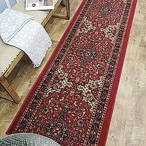 Rubber Backed Hallway Runner Rug, 31 x 120 inch, Persian Medallion Carmine Red, Non Slip, Kitchen Rugs and Mats