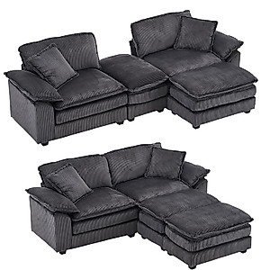 Corduroy Modular Sectional Couch, 84“ Width Oversize Loveseat Sofa, Comfy Plush Cloud Couch Lounge Chair with Ottomans and 2 Pillows for Small Spaces, Living Room, Bedroom, Office (Grey)
