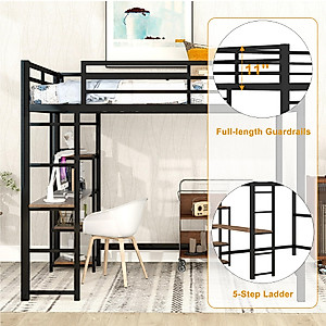 Bellemave Full Size Loft Bed with Desk,Metal Loft Bed with Storage Shelves,Heavy Duty Metal Loft Bed for Kids Teens Adults,Black