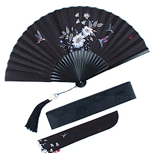 RAN Folding Fan with Floral and Bird Design, Bamboo Pocket Purse Hand Fan, Silk Fabric Handheld Fan with Fabric Pouch (Color : Multi-Colored, Size : 10.4")