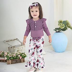 GRNSHTS Newborn Baby Girl Clothes Infant Baby Ruffle Long Sleeve Romper+Floral Flare Pants Bell Bottoms Outfit(Purple,0-3 Months)