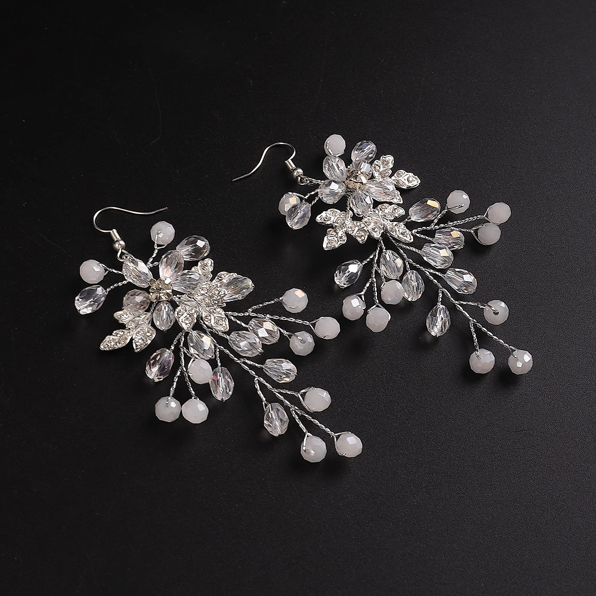 BERYUAN Crystal Flower Earings for Women Beads Wedding Earrings for Brides Bridal Bridesmaids Earrings Prom Earrings Accessories Esthetics (Silver)