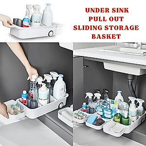 Undersink Pull Out Sliding Storage Basket, Car Shape Wheeled Cabinet Drawer Organizer for Kitchen Bathroom Sink Caddy, with Adjustable & Detachable Dividers and Side Drainer Basket, 8'' Wide Grey
