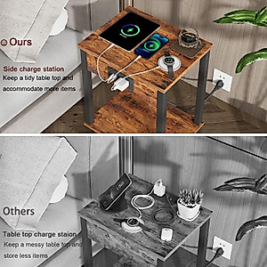 VIMBER Set of 2 End Table with Charging Station, Narrow Side Table with USB Ports and Outlets, Nightstands with 2-Tier Storage Shelves, Sofa Table for Small Space Living Room Bedroom