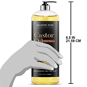 Majestic Pure Castor Oil | 100% Natural | Premium Grade Cold Pressed | Hair, Eyelashes, Eyebrows, Nails | Moisturizing & Nourishing | Body, Hair & Carrier Oil | 16 Fl Oz