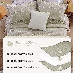 Finlonte King Size Quilt, 100% Cotton Lightweight Boho King Bedspread, Beige White Striped Geometric Soft Reversible Quilt King Size Bedding Set for All Season, 3-Pieces
