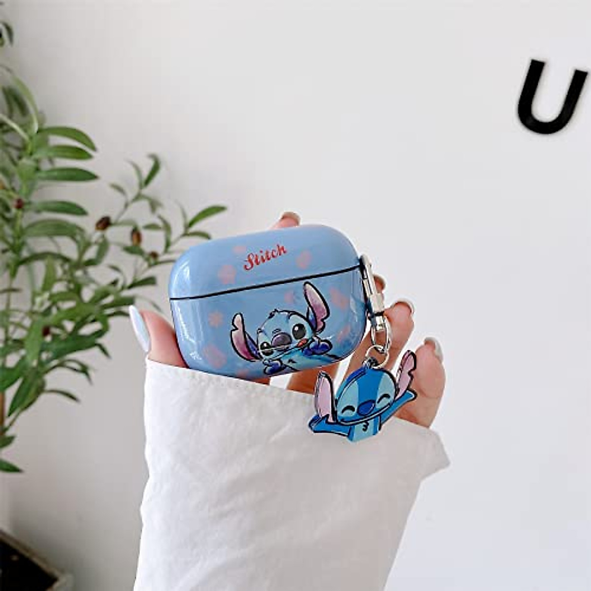 Soft TPU Blue Stitch Case with Charm and Keychain for Apple AirPods Pro AirPodsPro 2019 Model Funny Face Cute Lovely Adorable Kawaii Girls Kids Women