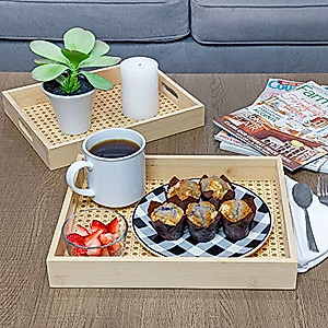 AuldHome Ottoman Rattan Breakfast Trays (Set of 2); Basket Serving Trays with Wooden Fram for Serving Guests, Coffee Break, Breakfast and More