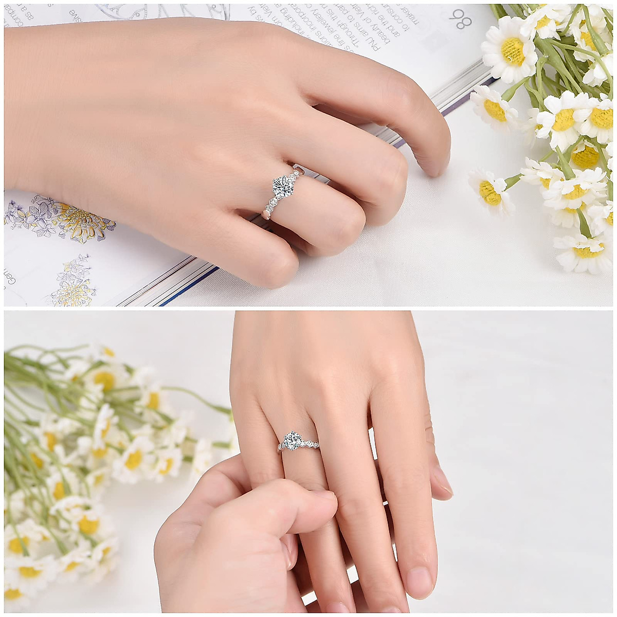 Momercy Kiff Moissanite Engagement Ring for Women White Gold Plated Sterling Silver Promise Ring Wedding Band Fake Faux Wedding Ring Diamond Honeycomb Ring