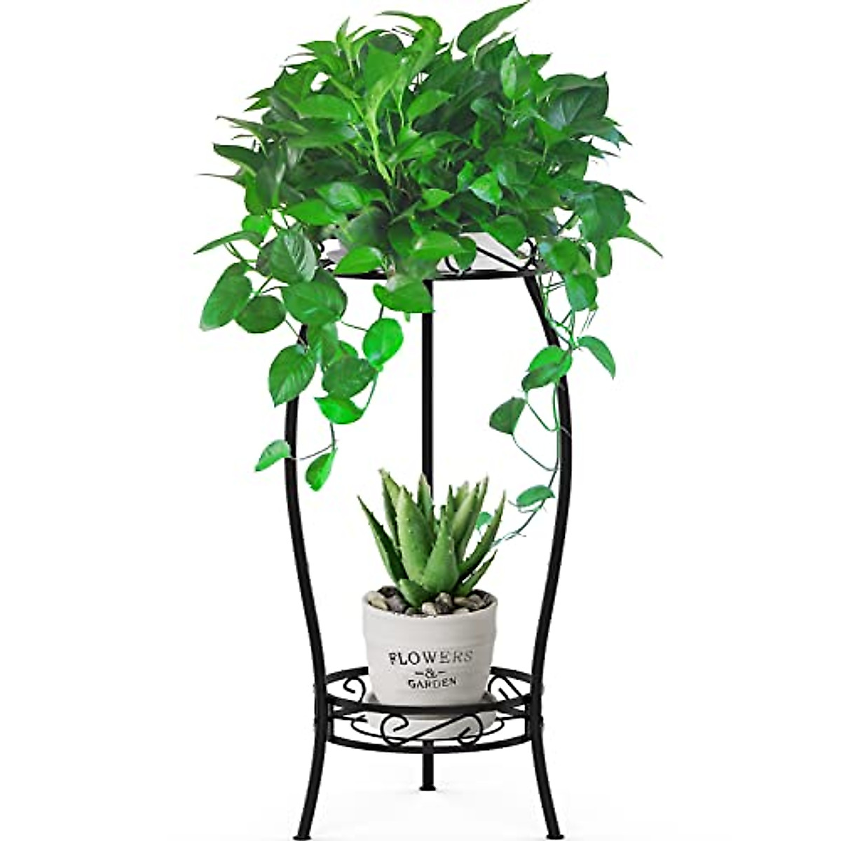 Bextcok 27inch Tall Metal Plant Stand Rustproof Decorative Wrought Iron Flower Pot Rack 2 Tier Supports for Small Double Plants Indoor Outdoor Patio Corner Garden, Black