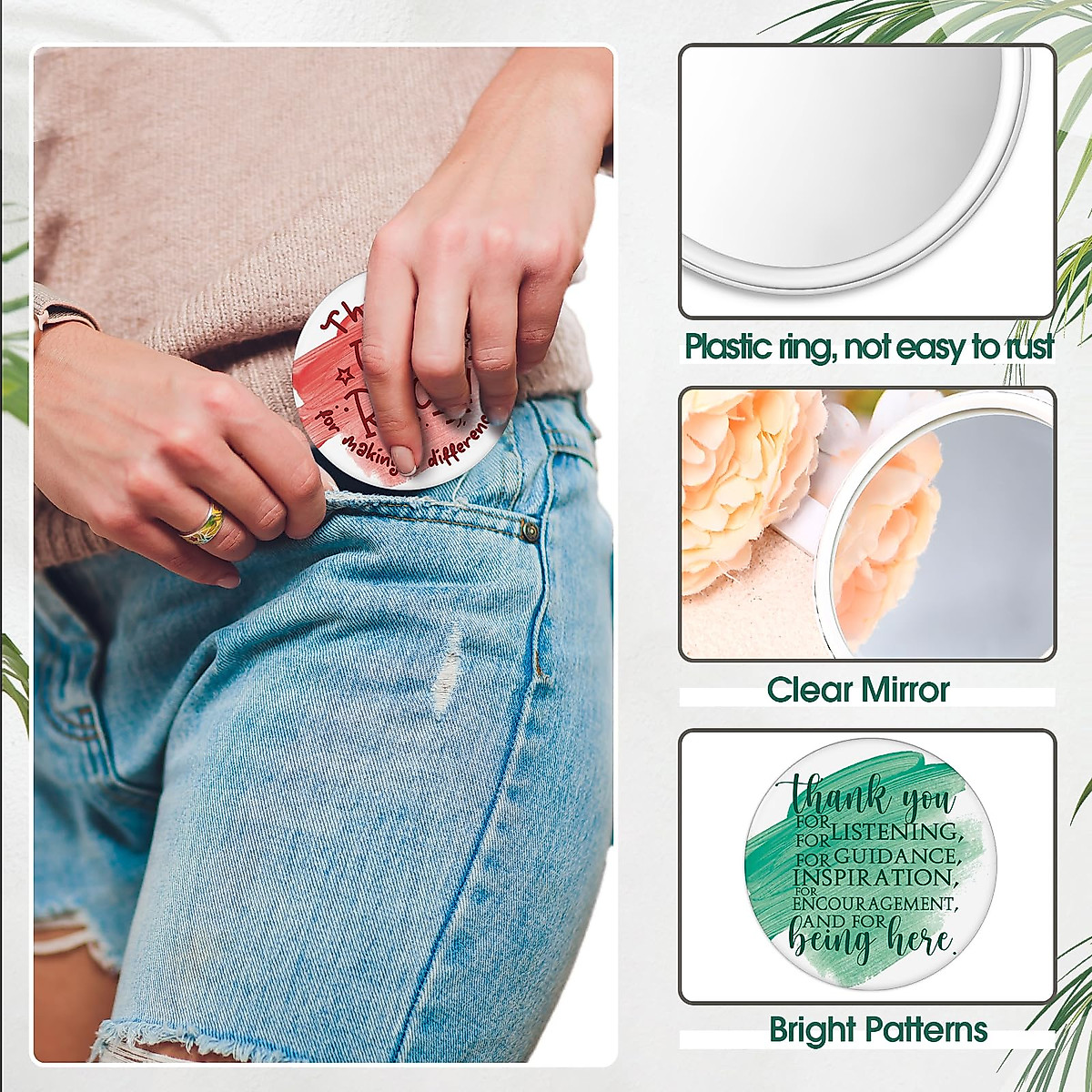 Kigley 50 Pcs Employee Appreciation Gifts Inspirational Compact Mirrors Bulk Round Pocket Mirror for Women Portable Makeup Mini Mirror for Teachers Coworker Secretaries Nurse Students