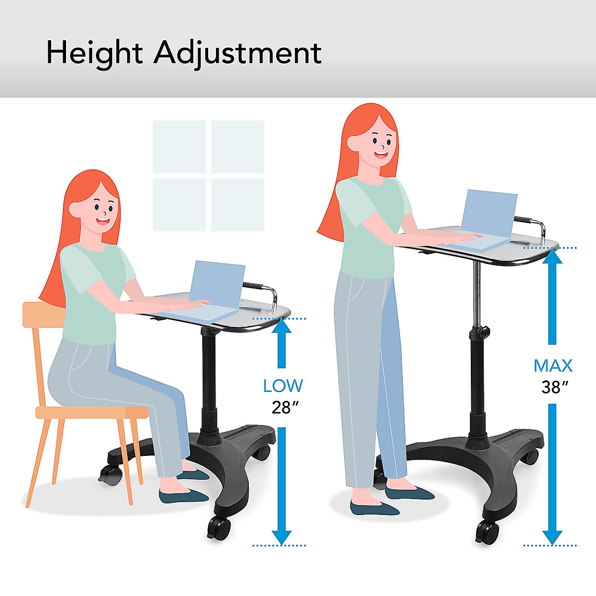 EHO Mobile Laptop Standing Desk Carts on Wheels, Pneumatic, Height Adjustable Rolling Stand, Sit to Stand Computer Cart, Classics XL Workstation for Home, Office, Medical and School Classroom