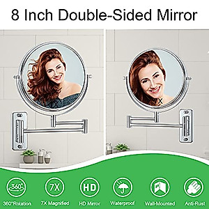 Lansi Wall Mounted Makeup Mirror, 7x/1x Double-Sided Magnifying Mirror, 360° Extendable Arm Wall Mirror, 8 inch Bathroom Mirror for Makeup or Shaving Chrome Finish