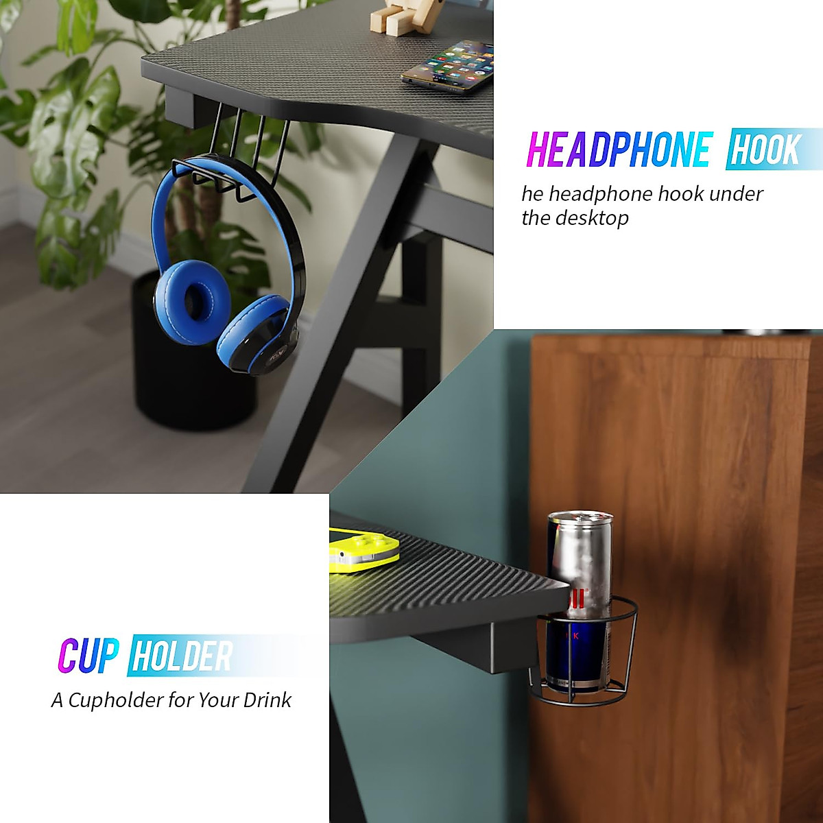 PayLessHere 47 Inch Gaming Desk PC Carbon Fiber Table Ultimate Gamer Workstation with Cup Holder & Headphone Hook for Home Office,Blue (Blue)