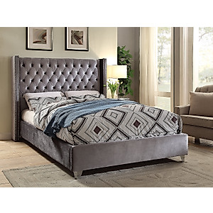 Meridian Furniture Aiden Collection Modern | Contemporary Velvet Upholstered Bed with Deep Button Tufting, Solid Wood Frame, and Custom Chrome Legs, King, Grey