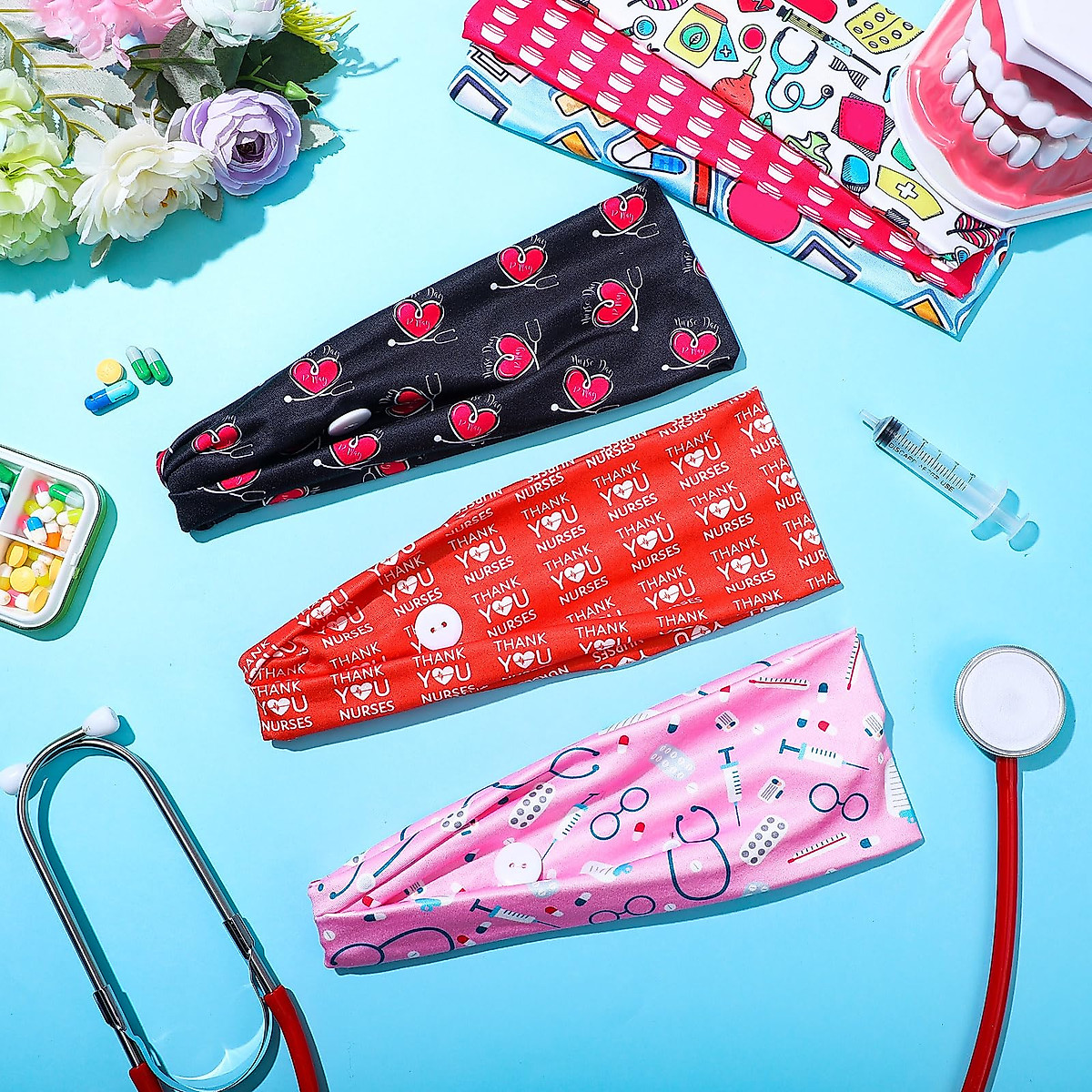 Jexine 12 Pcs Nurse Headbands for Women Non Slip Nursing Headbands with Buttons for Mask Nurse Accessories for Work Elastic Ear Protection Headband Hair Bands for Nurse Gift Spa Yoga Sports(Stylish)