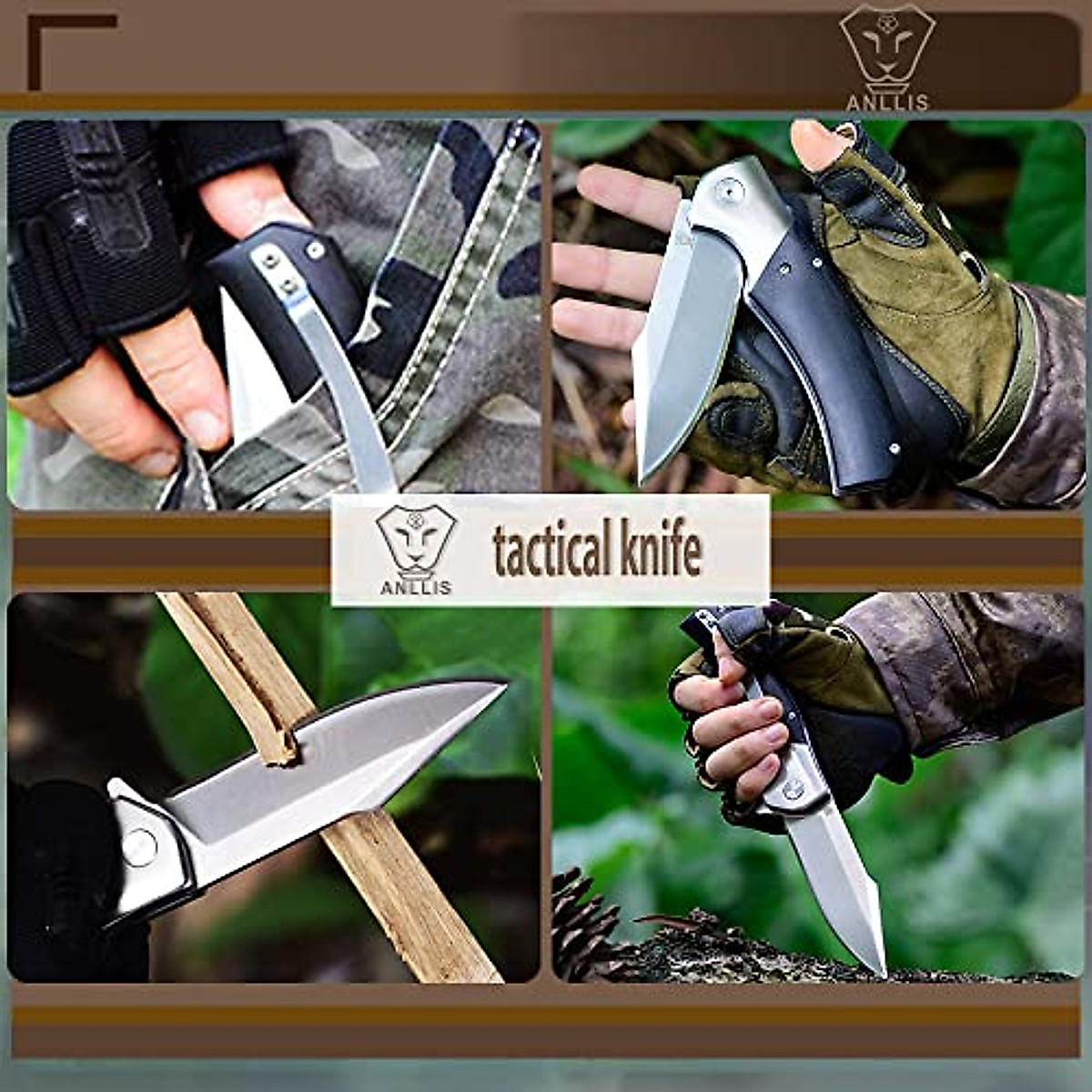 ANLLIS Tactical Knife, D2 Steel High Hardness, Bearing Folding Knife, Men's Military Style, Souvenir Gife, Outdoor Survival Bush Knife, Hunting Camping Knives