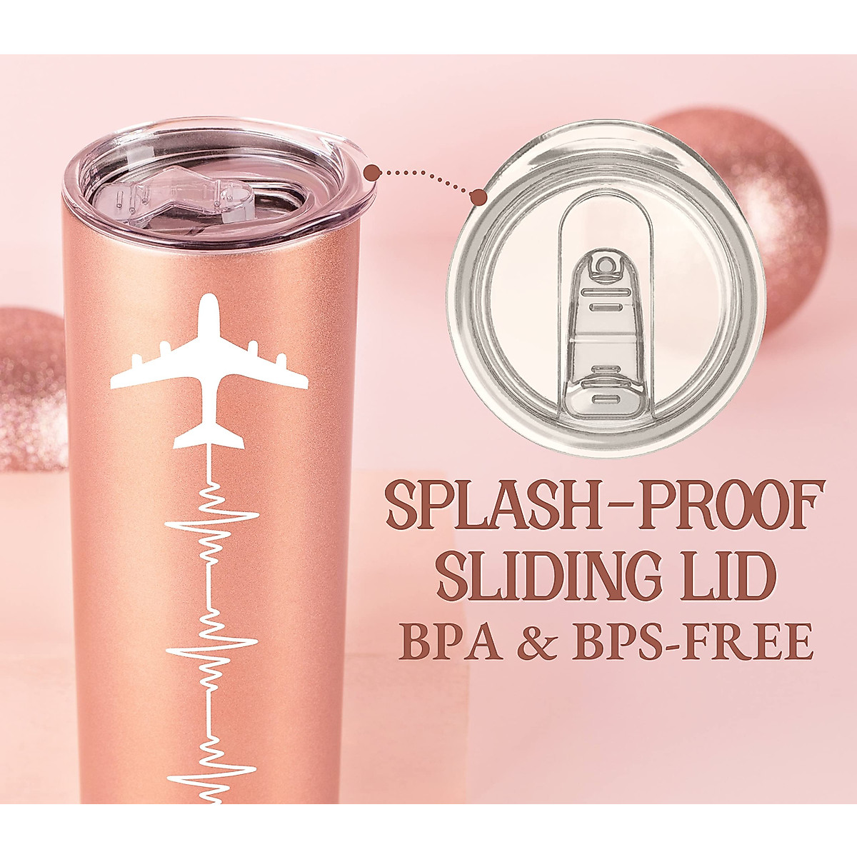 Onebttl Unique Flight Attendant Gifts for Women, Female Cabin Crew Members - Birthday, Holiday, Christmas gifts for Flight Attendant - 20 oz SS304 Rose Gold Stainless Steel Tumbler with Lid and Straw