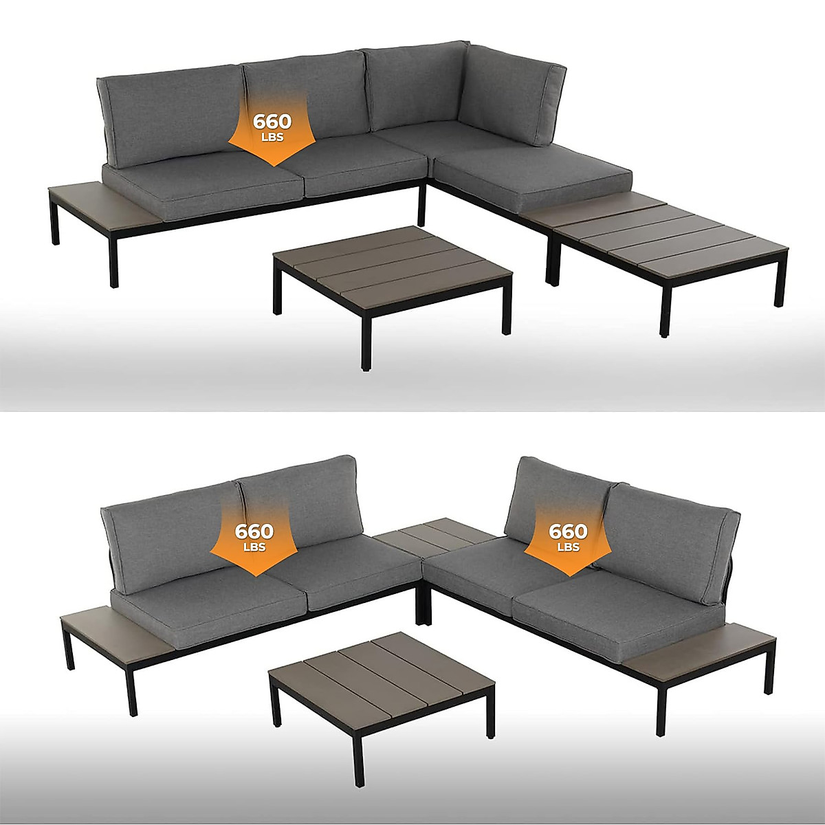Grand patio Outdoor Sectional Sofa Set, Aluminum Frame Conversation Set with Cushion & Woodgrain Built-in Side Coffee Table, 4-Piece Modern Furniture Set for Poolside, Backyard, Deck