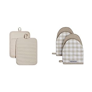 KitchenAid Ribbed Soft Silicone Water Resistant Pot Holder Set, Milkshake (2 Piece Set, 7"x9") and KitchenAid Gingham Mini Oven Mitt 2-Pack Set, Milkshake Tan (5.5"x8")