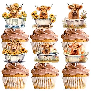 18pcs Brown Glitter Highland Cow Dessert Cupcake Topper Pick for Country Western Bull Riding Bull Rider Competition Theme Decor Supplies Baby Shower Boys Girls Birthday Party Decorations