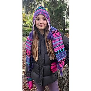 N'Ice Caps Kids Hat Glove Scarf Girls Winter Knit Accessory Set Warm Sherpa Lined 3 Piece (8-12 Years, purple/turq/fuchsia/black)
