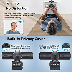 AIRHUG 2K Webcam with Microphones, USB Web Cam for Computer and Laptop Plug & Play, Web Camera with Privacy Cover, 71°,for Streaming and Conferencing