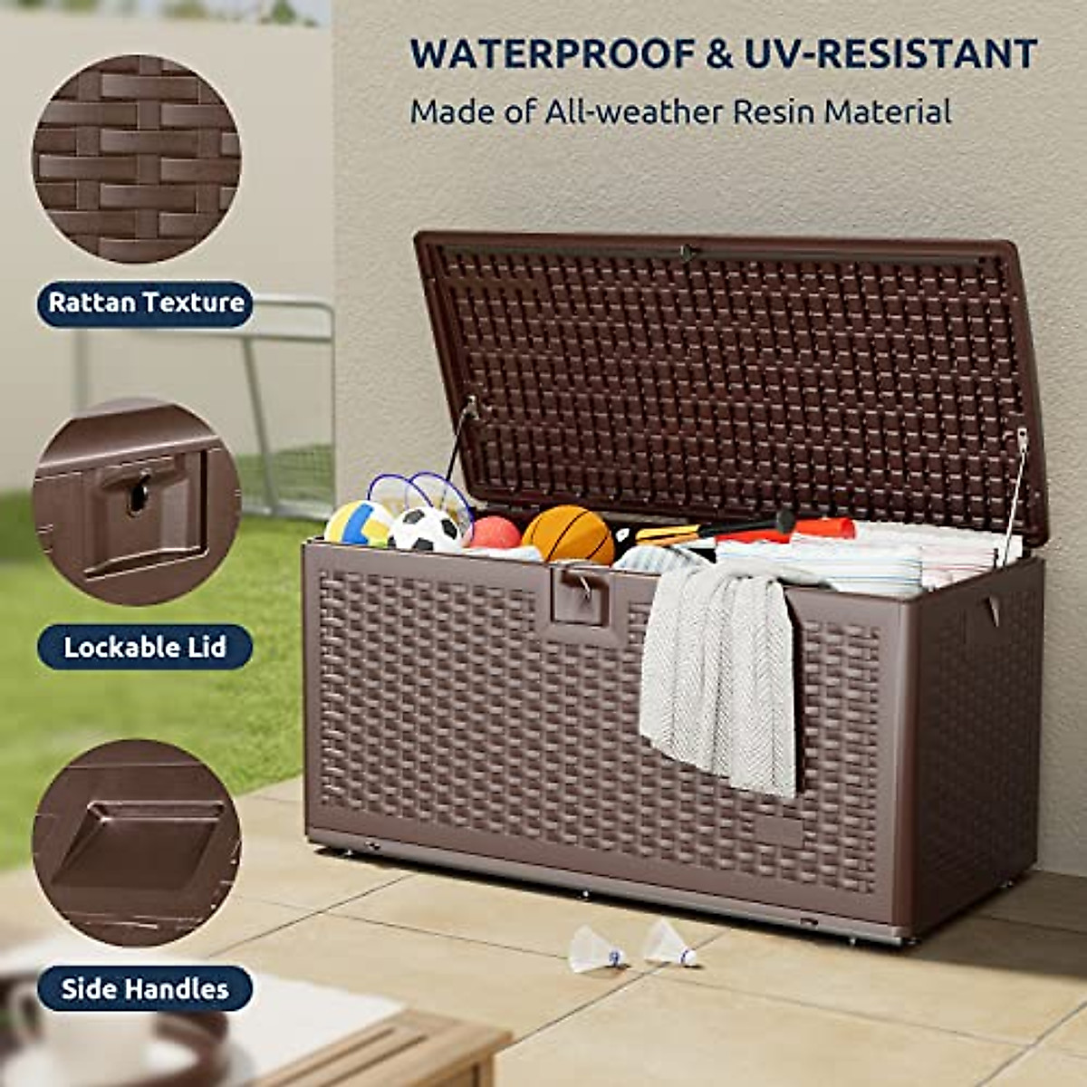 UDPATIO Deck Box Resin 73 Gallon, Outdoor Storage Box w/ Bottom Bracket and Padlock, Waterproof for Pool Supplies, Toys, Garden Tools, Cushions and Patio Furniture, Weather and UV Resistant Porch Bin, Brown