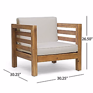 Louise Outdoor Acacia Wood Club Chair with Cushion, Teak Finish and Beige