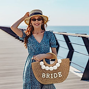 Pinkunn Bride Beach Bag Handwoven Straw Rhinestone Pearl Letters Handle Purse Bachelorette Wedding Honeymoon Essentials (BRIDE, Pearl Letter)