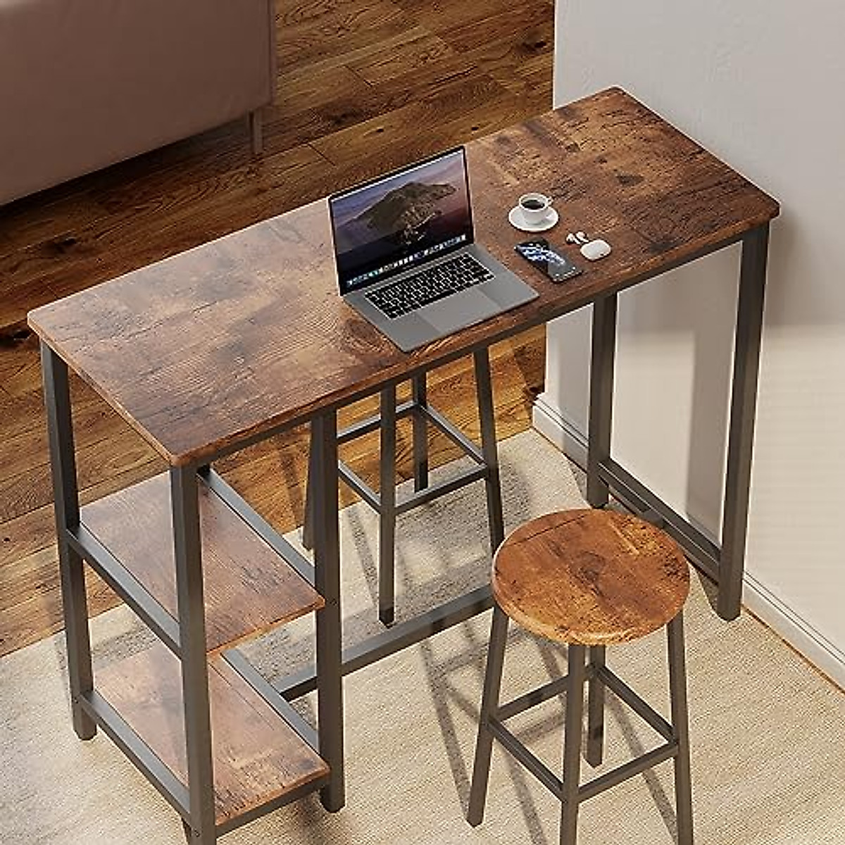 Qsun 3-Piece Bar Table and Chairs Set for 2, Bar Table Set with 2 Storage Shelves, Pub Table Set with Glass Holder for Living Room, Dining Room, Kitchen, Rustic Brown